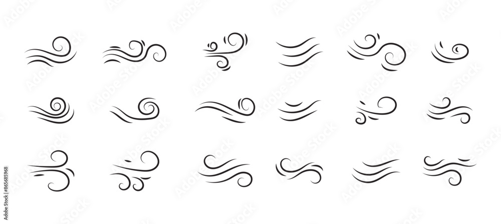 Doodle wind motion. Isolated vector set of abstract air swirls, blow ...