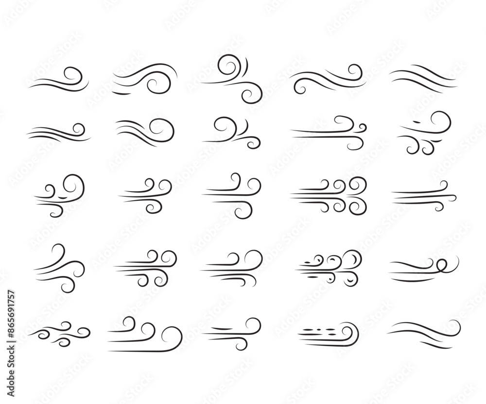 Doodle wind line sketch set. Hand drawn doodle wind motion, air blow ...
