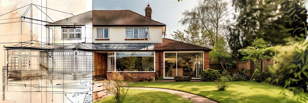 house concept with half photo and half architectural blueprint sketch ...