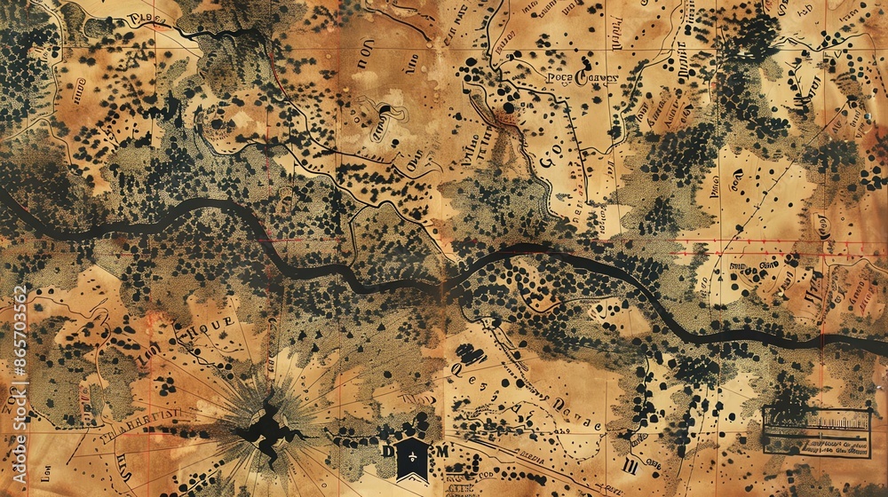 A hand drawn map of a fantasy world. The map is drawn on a parchment ...