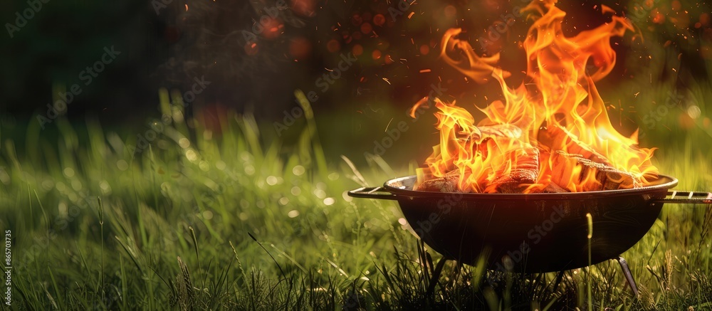 Flames of a burning fire in a circular BBQ grill, cooking in the open ...