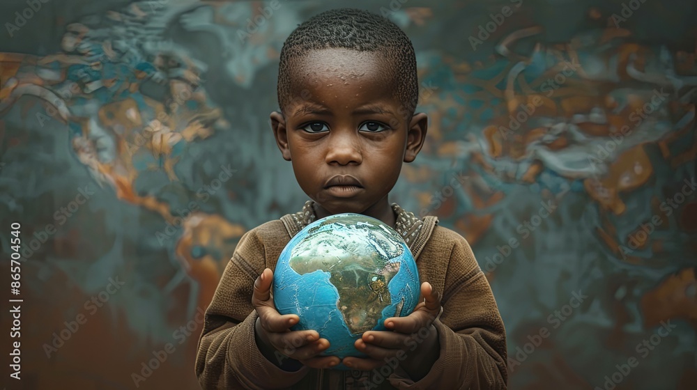 An african child holding a globe with a serious expression on ...