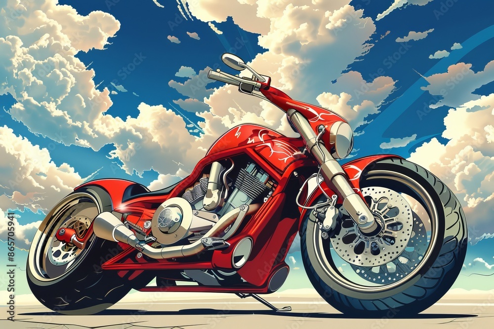 The illustration features a red anime motorcycle against a background ...