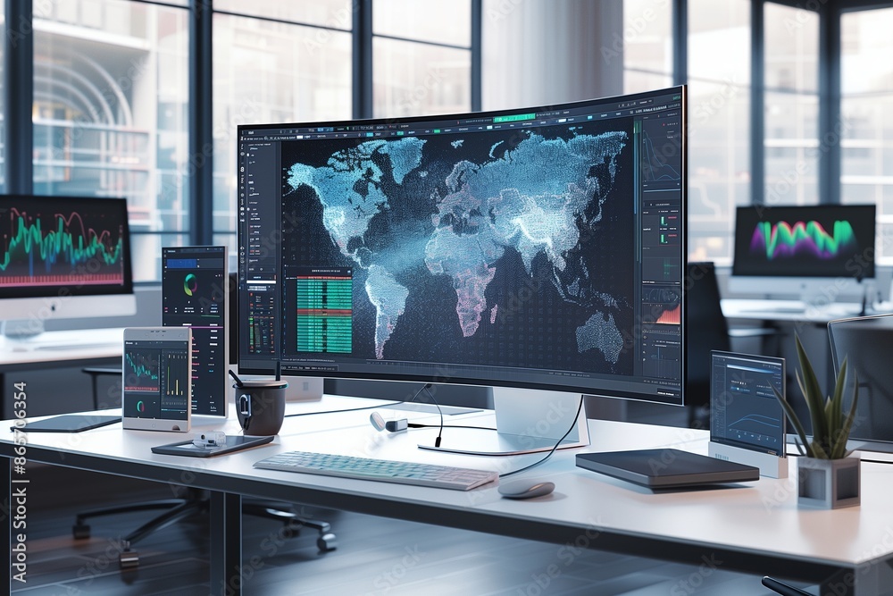 A modern workspace with a large curved monitor displaying an intricate ...