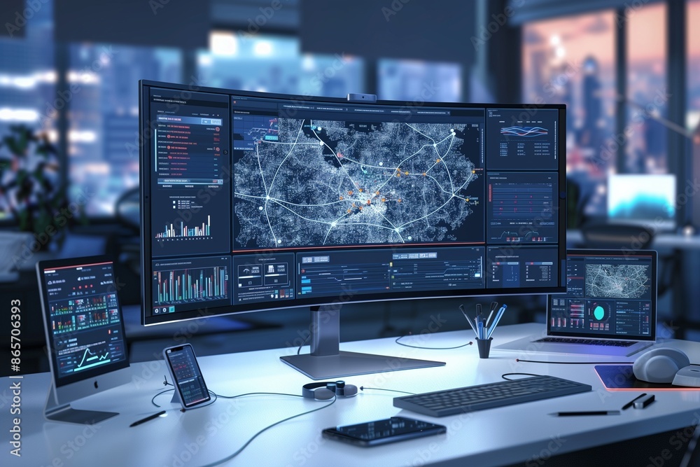 A modern workspace with a large curved monitor displaying an intricate ...