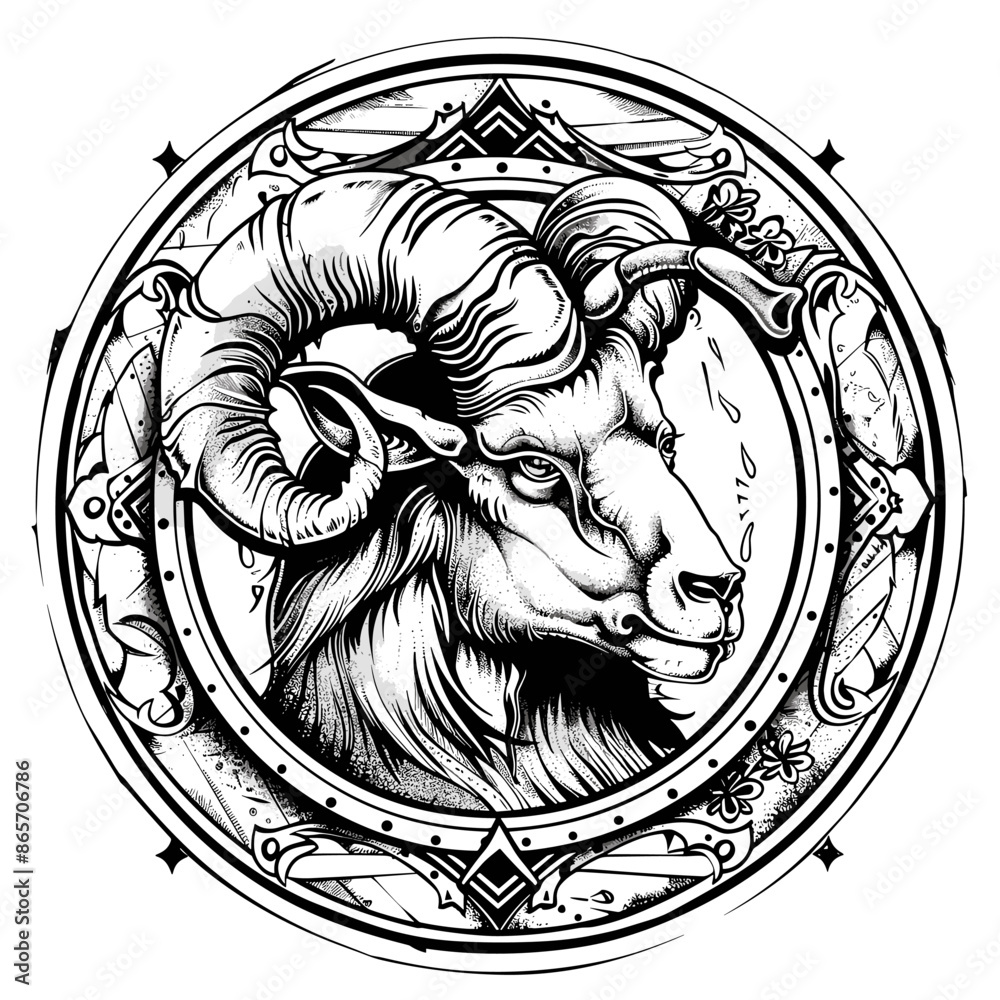 A black and white drawing of a ram with horns. The ram is looking at ...