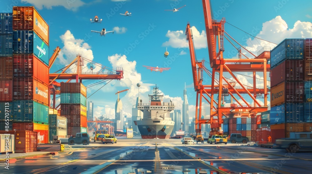 Ships of every size and shape docked at the quayside and dockworkers ...