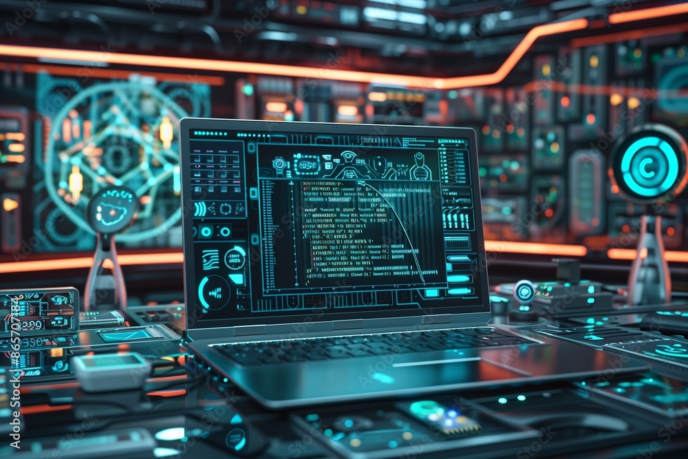 An intricately detailed image of a laptop displaying a live coding ...