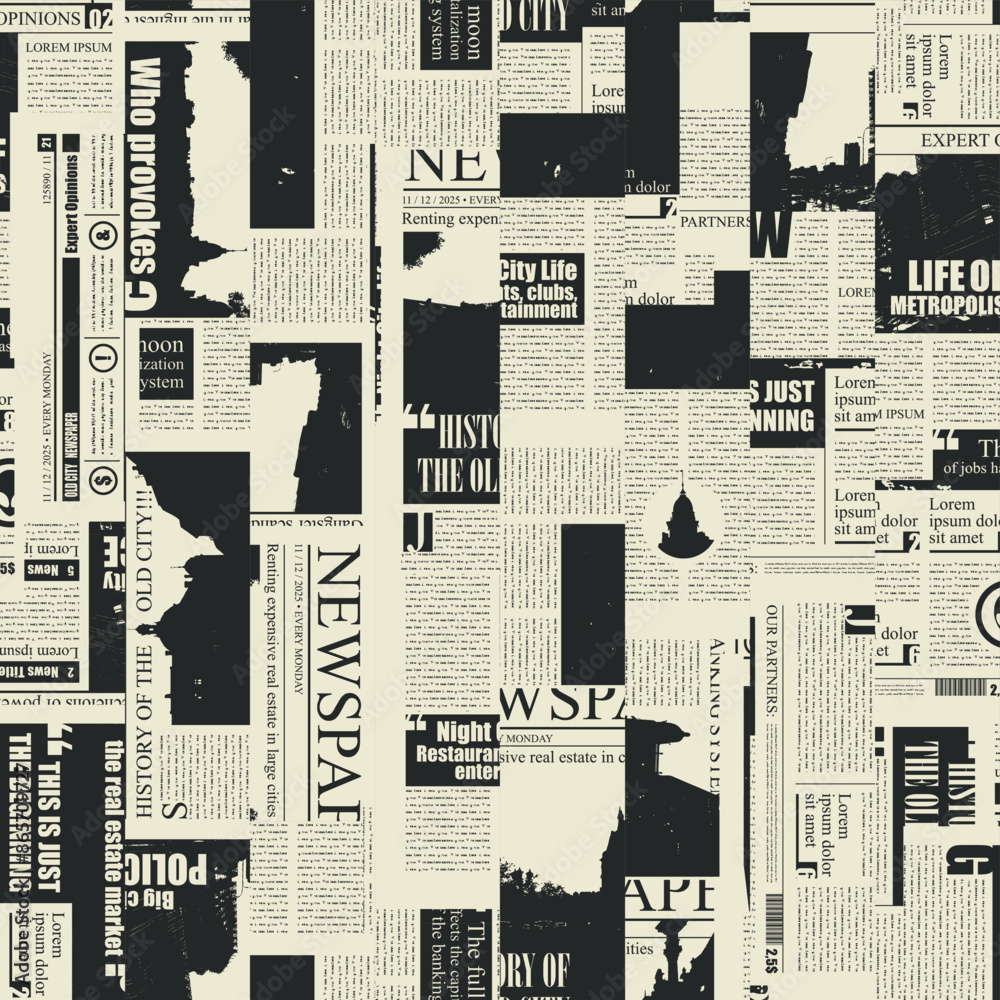 seamless pattern with collage of newspaper or magazine clippings ...