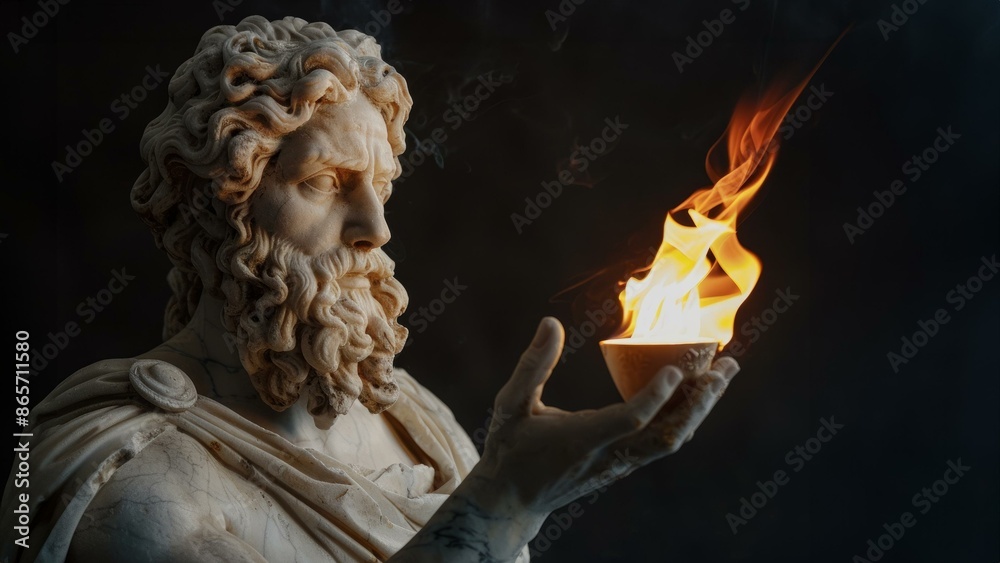 Ancient Greek statue holding Olympic flame, symbol of unity and peace ...