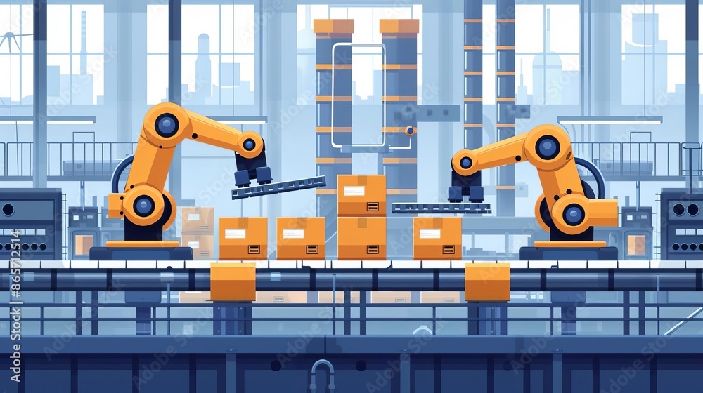 2d flat vector cartoon illustration of robotic arms moving boxes on a ...