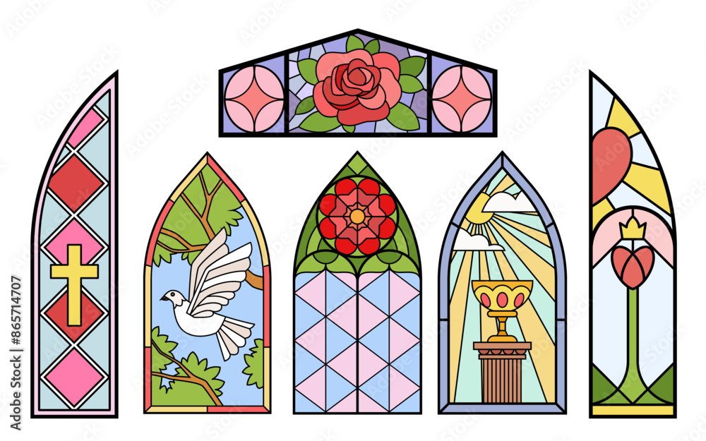 Stained glass windows set vector illustration. Cartoon isolated gothic ...