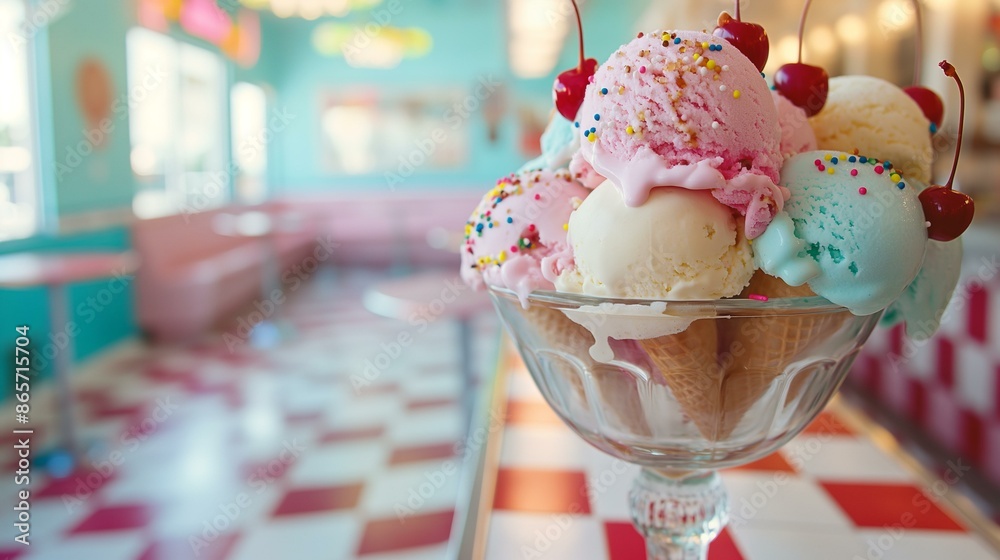 Ice cream sundae with sprinkles and cherries in a retro diner Stock ...