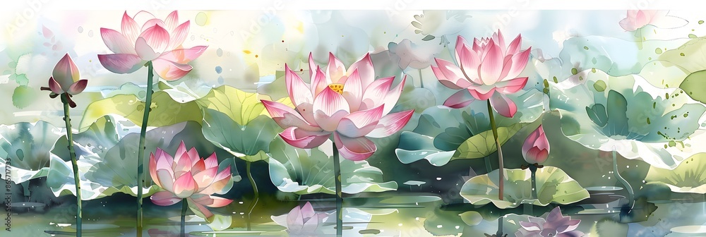 Beautiful watercolor painting of lotus flowers and leaves in a pond, in ...