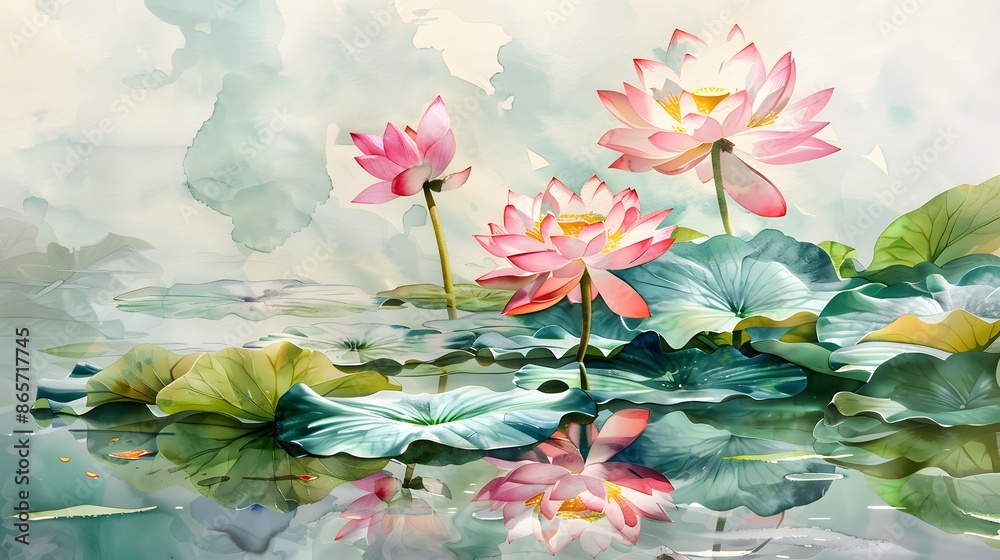 Beautiful watercolor painting of lotus flowers and leaves in a pond, in ...