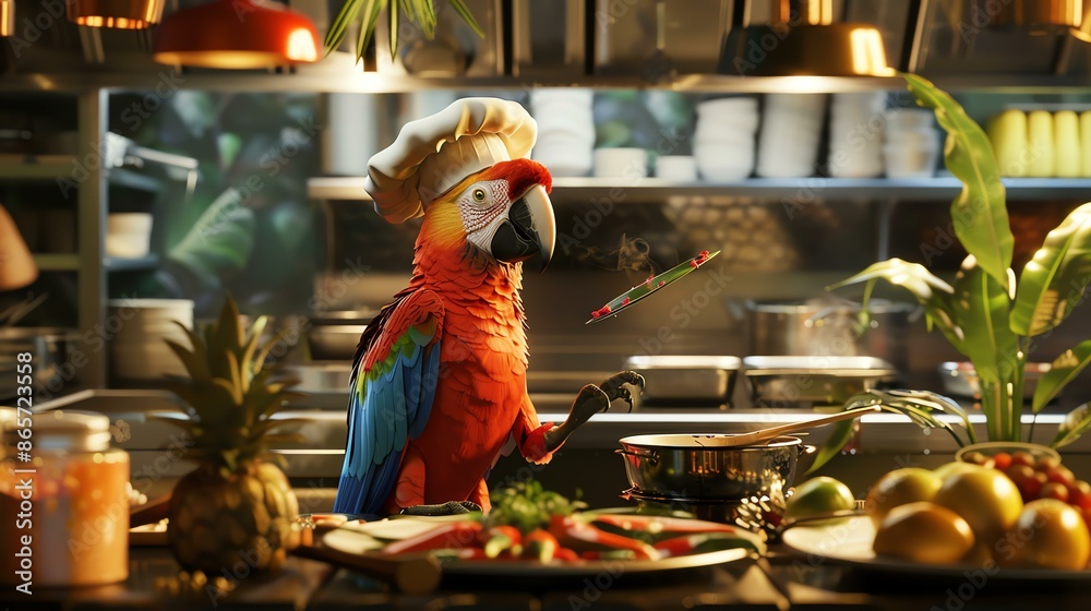 A parrot wearing a chef's hat is cooking in a commercial kitchen. The ...