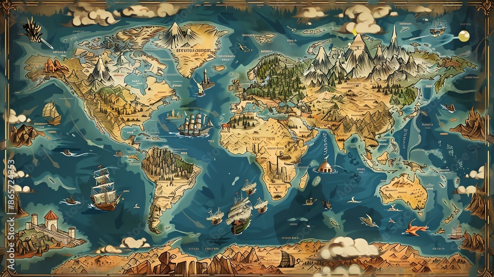 A highly detailed and realistic world map, showing the continents ...