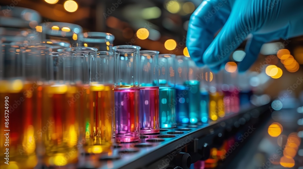A detailed view of colorful chemical samples being carefully handled ...