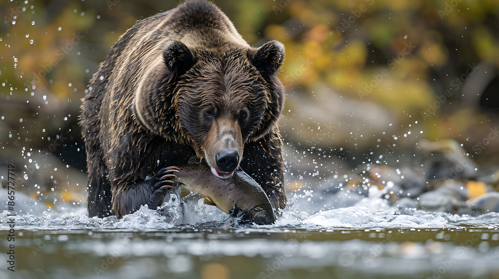 Majestic grizzly bear catching salmon rushing river showcasing raw ...