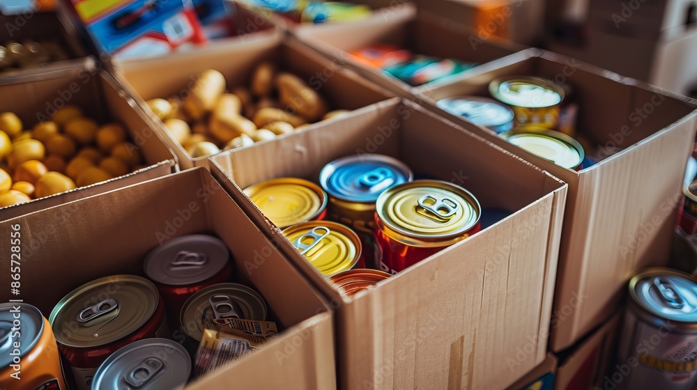 Canned food, cereals, and groceries are stored in a carton box for ...