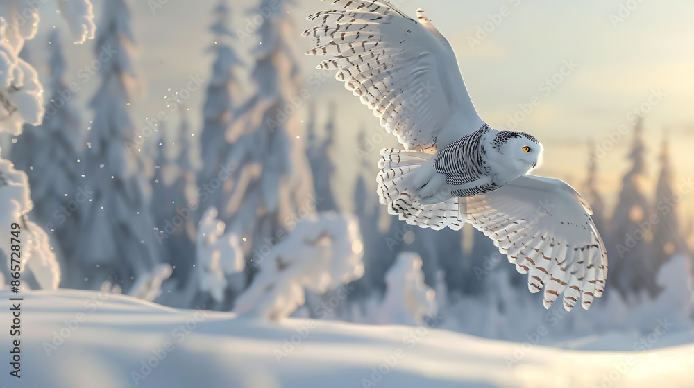 Majestic snowy owl flight over a winter landscape showcasing the beauty ...