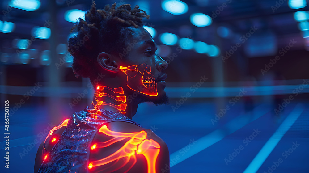 Badminton player doing dynamic shoulder stretches with glowing xray ...