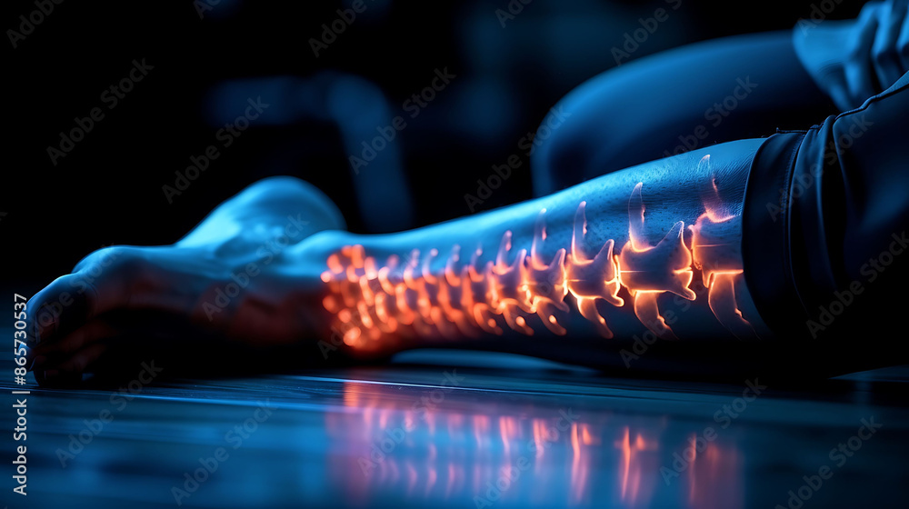 Baseball player using a foam roller on the forearm with a glowing xray ...