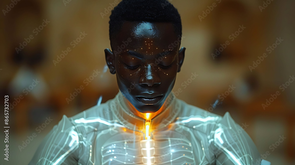 Fencer doing dynamic shoulder stretches with glowing xray shoulders ...