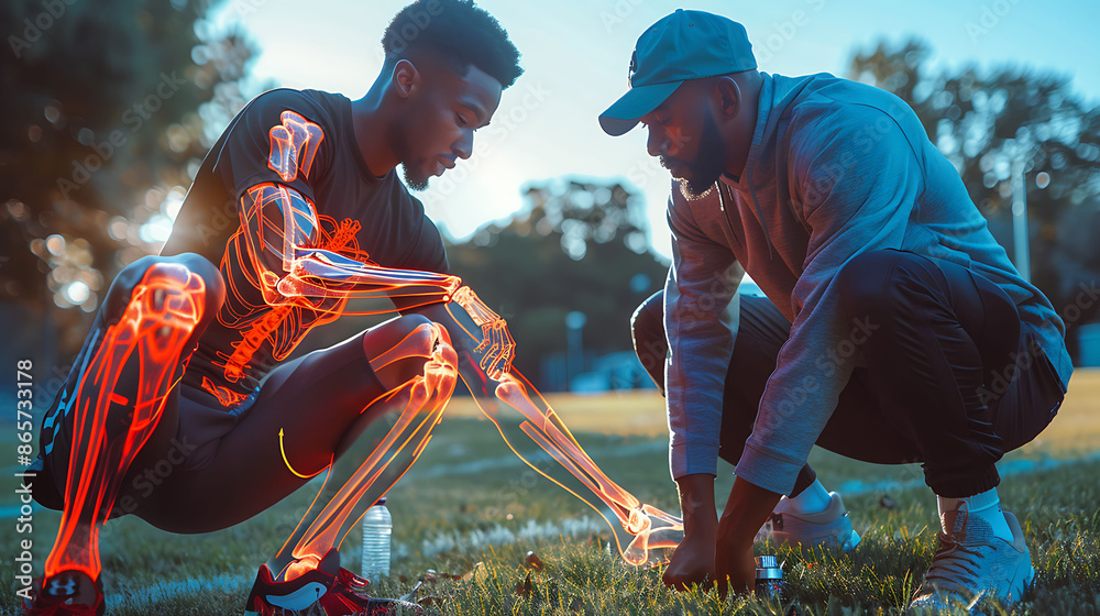Football player doing hamstring stretches with a glowing xray effect on ...