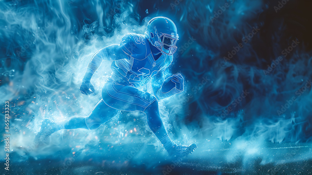 Football player practicing dynamic stretches with a glowing xray effect ...