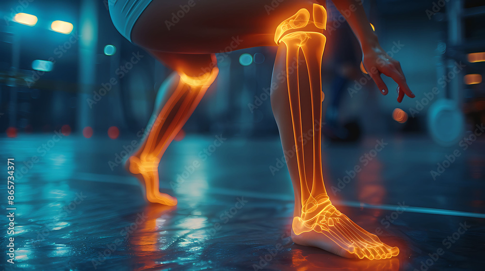 Gymnast performing dynamic leg stretches with glowing xray knees ...