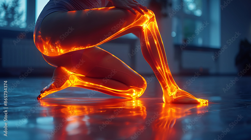 Gymnast performing dynamic leg stretches with glowing xray knees ...