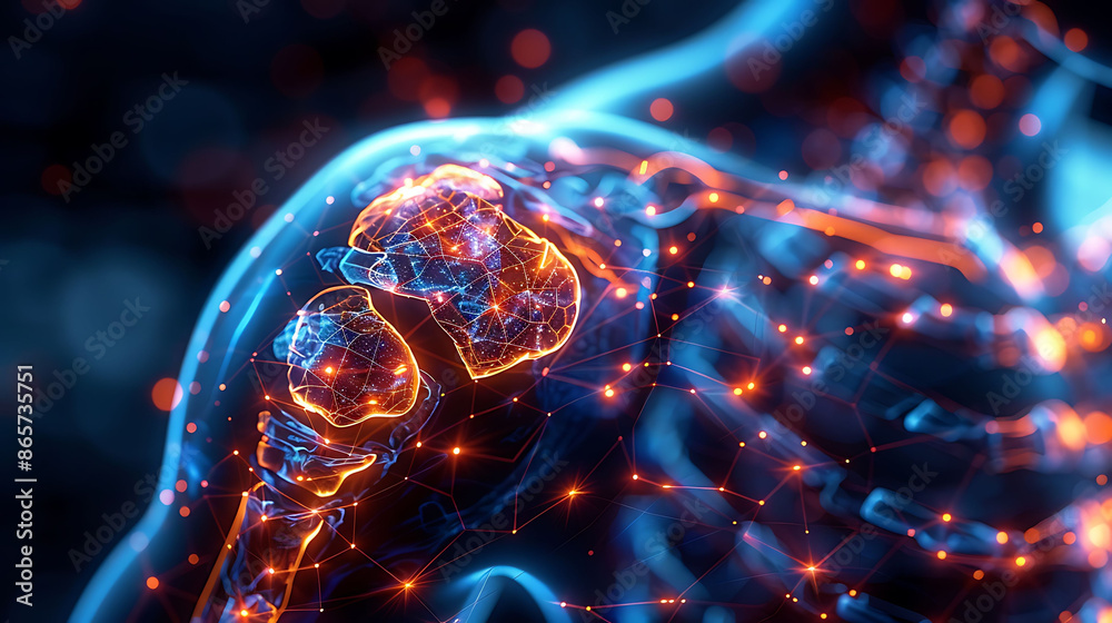 Rugby player doing dynamic shoulder stretches with glowing xray ...