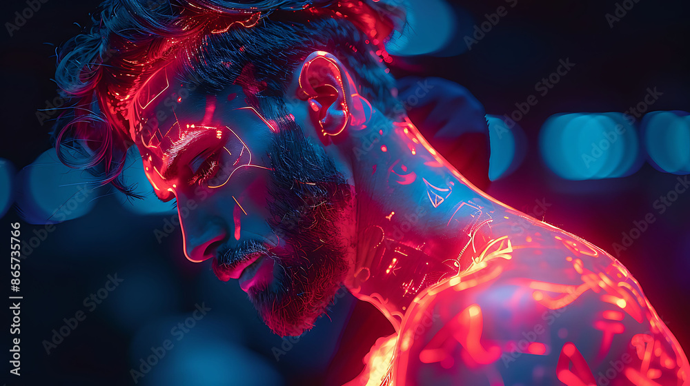 Rugby player doing dynamic shoulder stretches with glowing xray ...