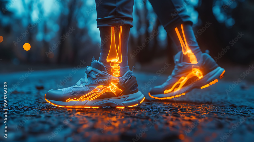 Runner doing high knees with glowing xray shins supervised by an ...