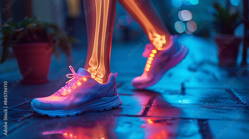 Runner doing high knees with glowing xray shins supervised by an ...