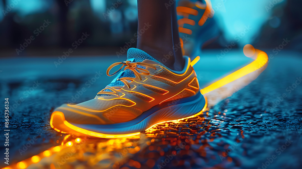 Runner performing calf stretches with a glowing xray effect on the foot ...