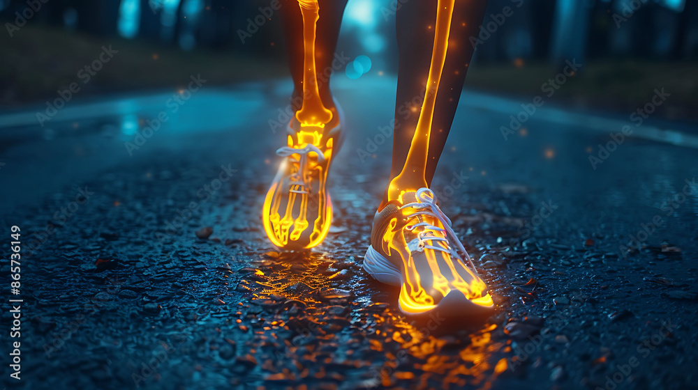 Runner performing dynamic leg swings with glowing xray shins supervised ...