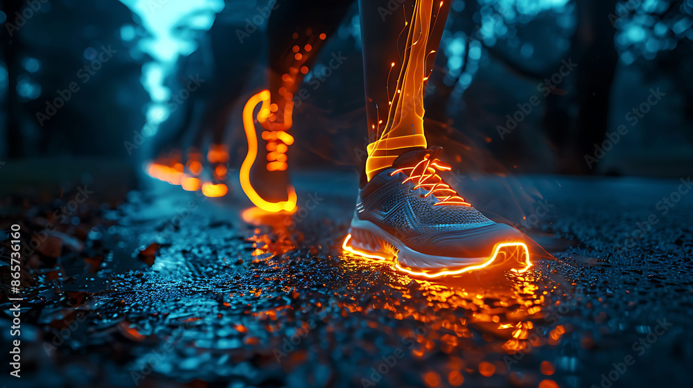 Runner performing dynamic leg swings with glowing xray shins supervised ...
