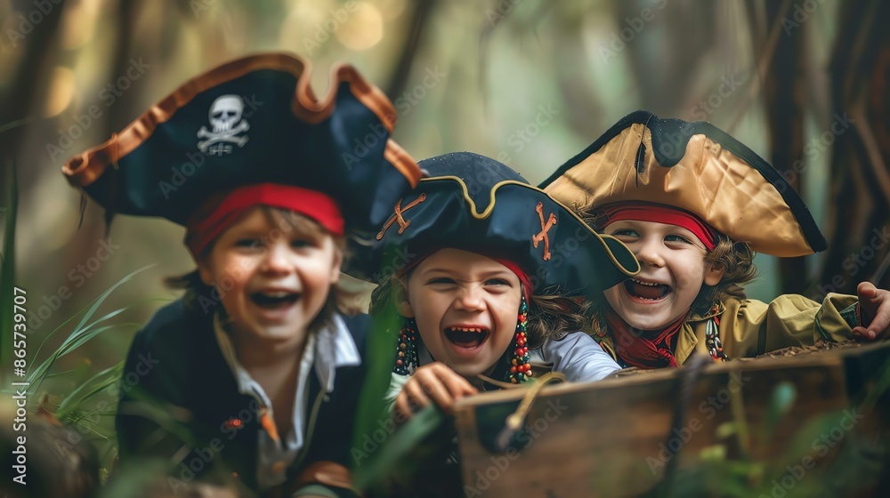 Foto de Three happy children are playing dress-up as pirates in the ...