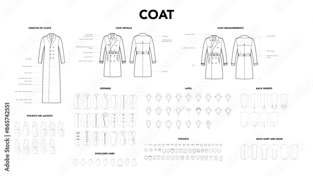 Set of Coat Jacket details - Measurement, Length, Sleeves and Pockets ...