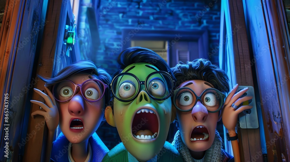 Three animated characters with glasses are looking at something in ...