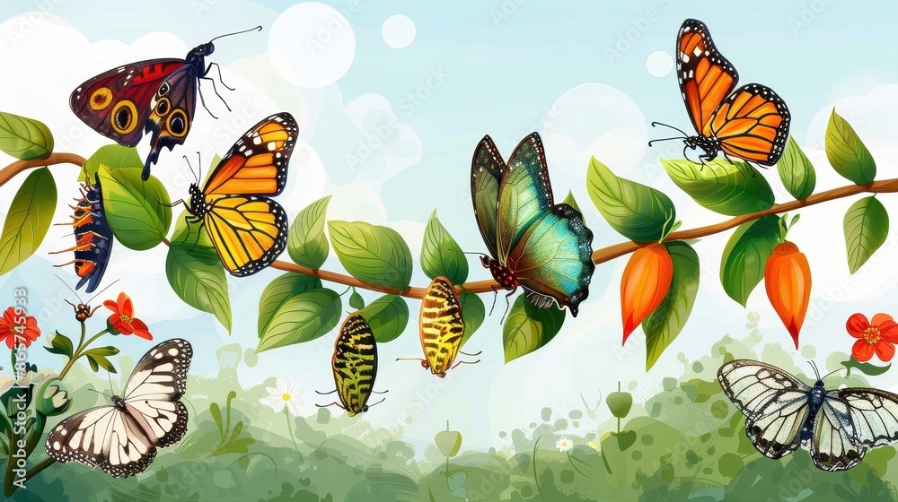 A stunning image of various butterflies and chrysalises hanging from a ...