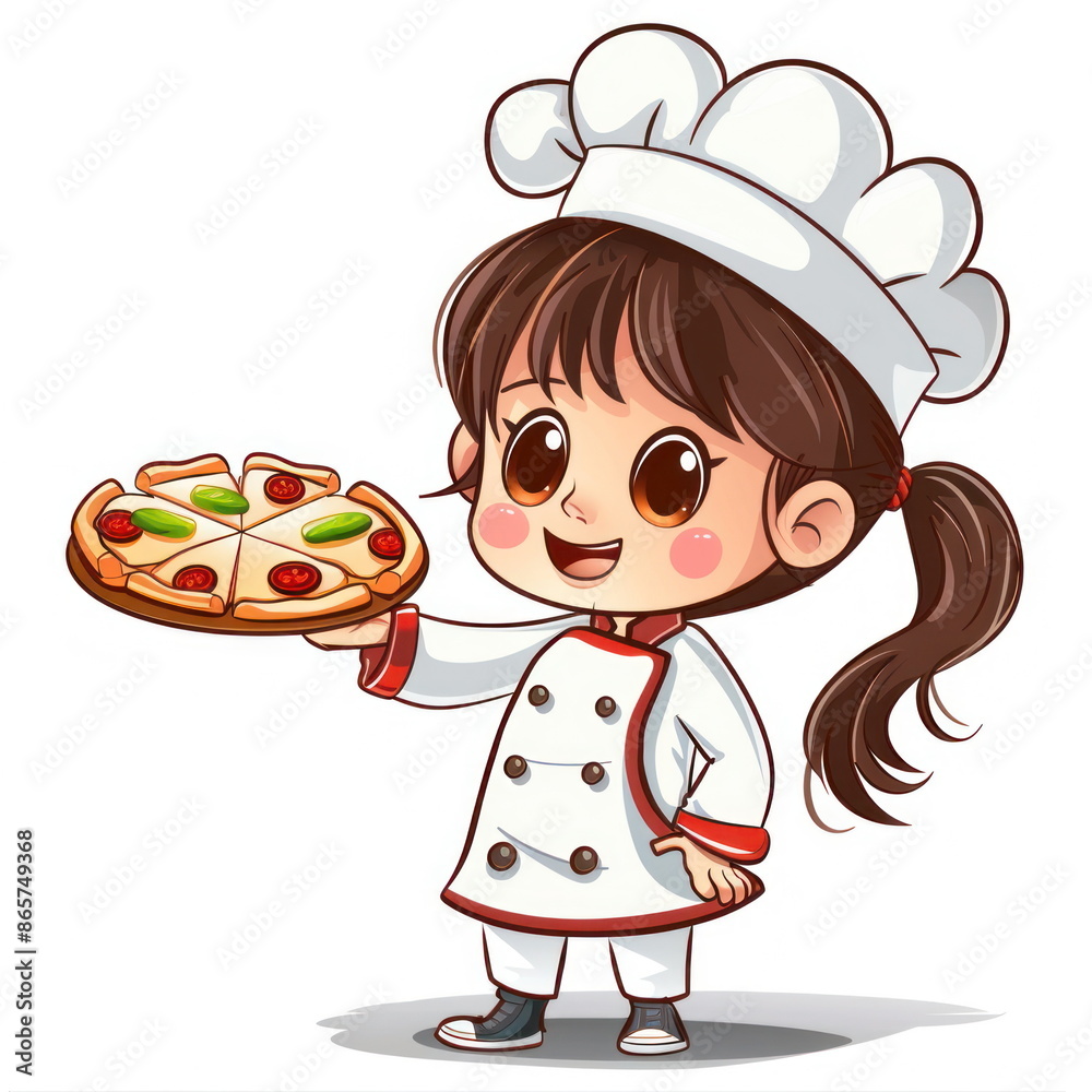 Cartoon character of cute little girl hold pizza,wear chef uniform ...