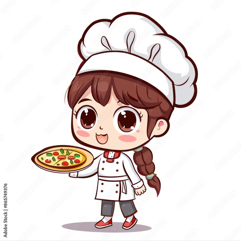 Cartoon character of cute little girl hold pizza,wear chef uniform ...