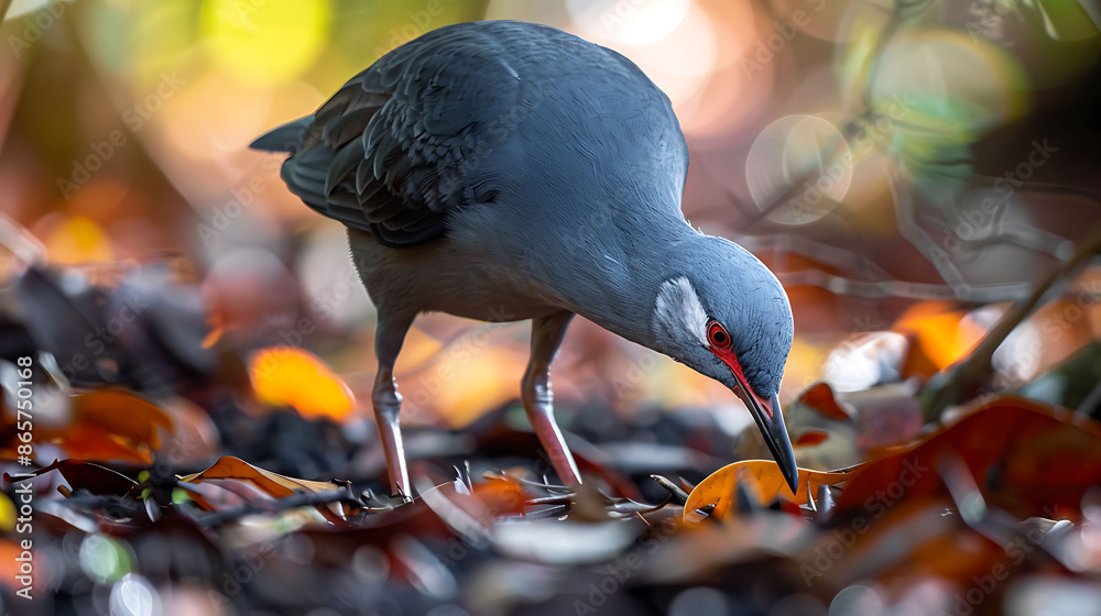Rare kagu bird foraging a New Caledonian forest highlighting the unique ...
