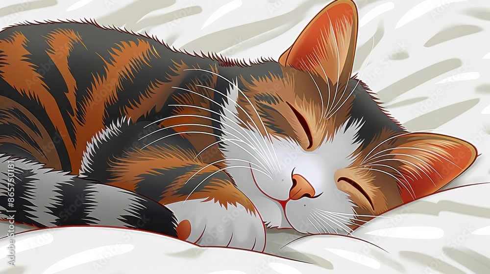 A highly realistic and detailed illustration of a furry cat sleeping ...