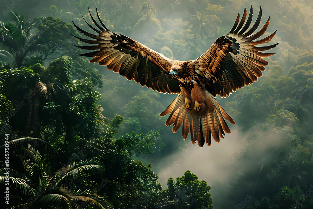 Rare Philippine eagle soaring above tropical rainforest showcasing the ...
