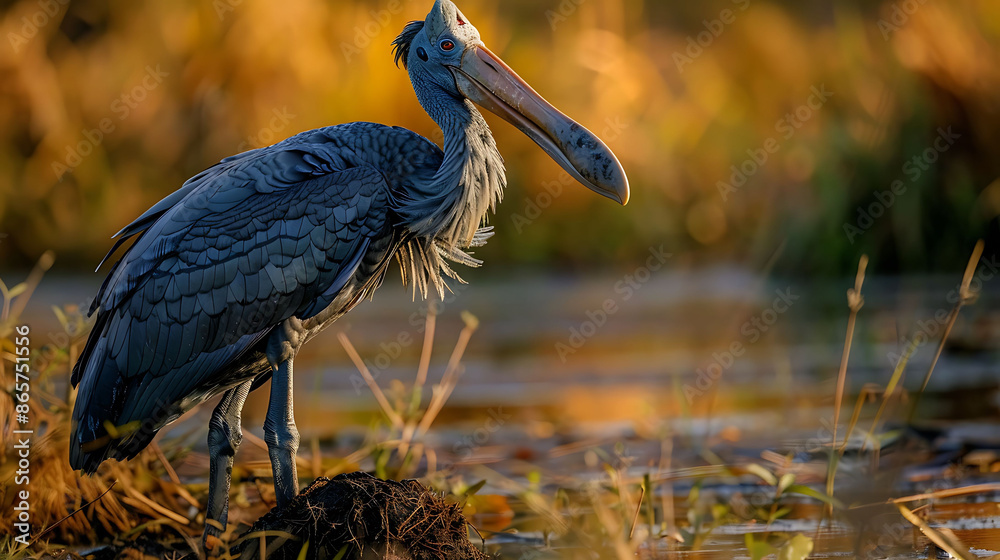 Rare shoebill stork wading through African wetland capturing the unique ...