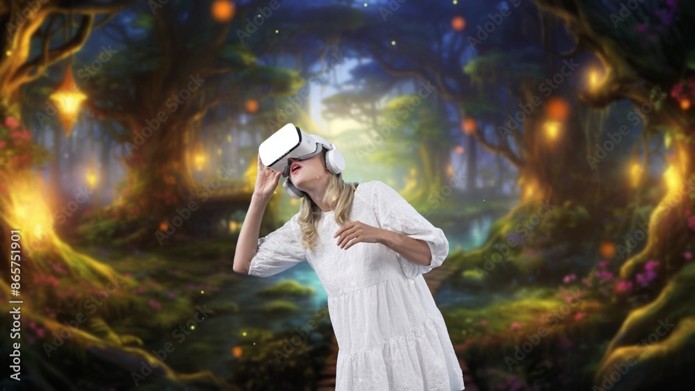 Excited smiling in fantastic world with woman looking around by VR in ...